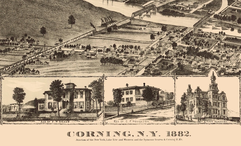 Corning, NY 1882 Bird's Eye View; 24x36 Print From a Vintage Lithograph ...