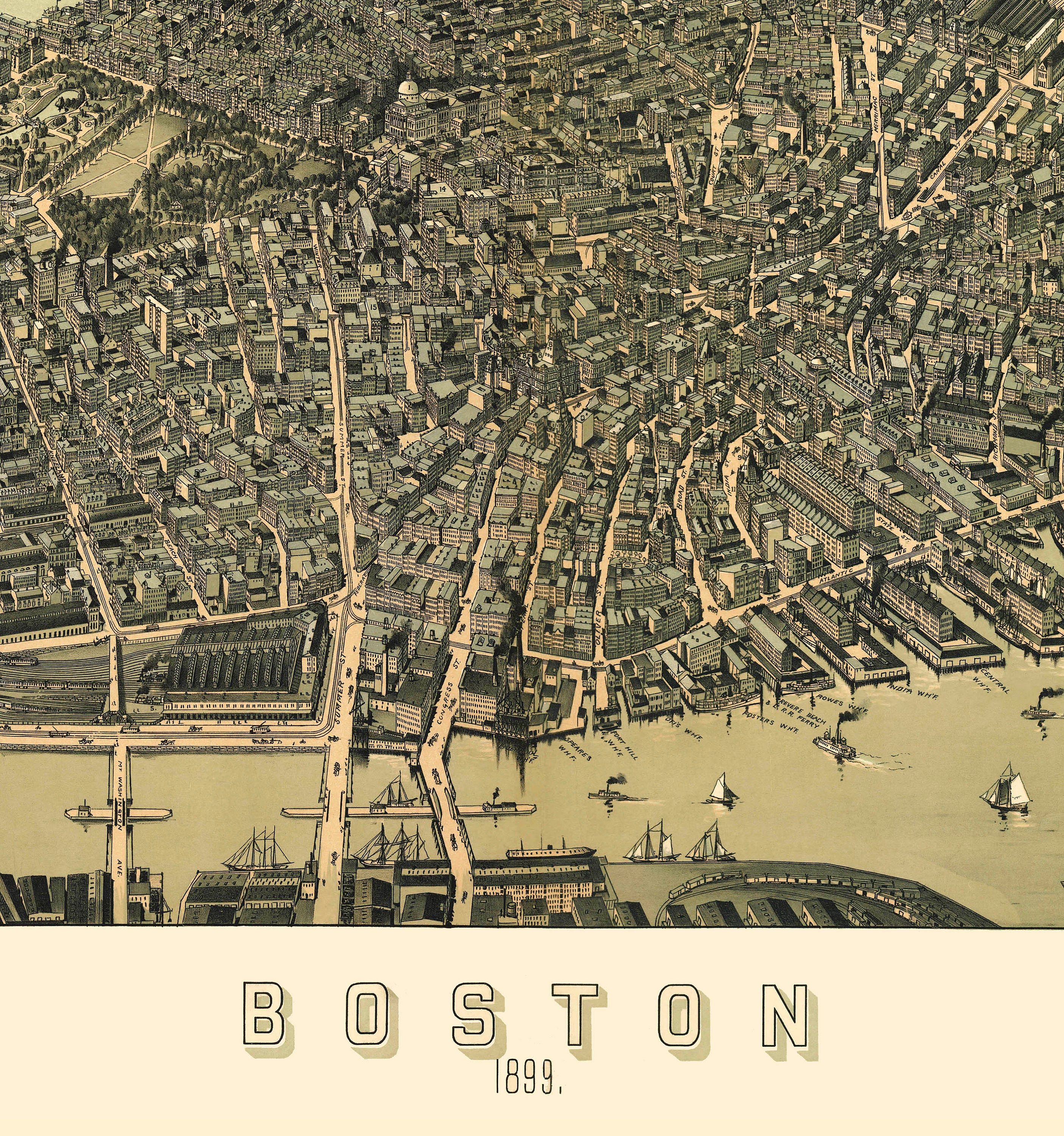 Boston, MA 1899 Bird's Eye View; 24x36 Print From a Vintage Lithograph ...