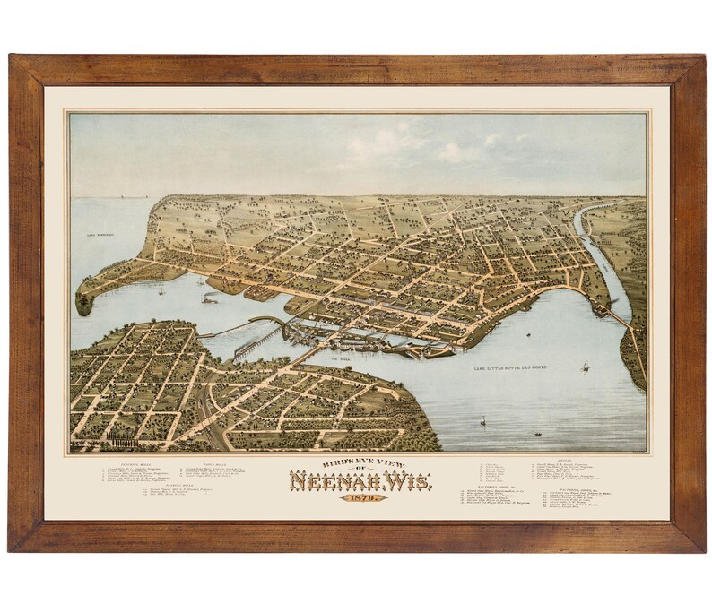 Neenah, WI 1879 Bird's Eye View; 24x36 Print From a Vintage Lithograph ...