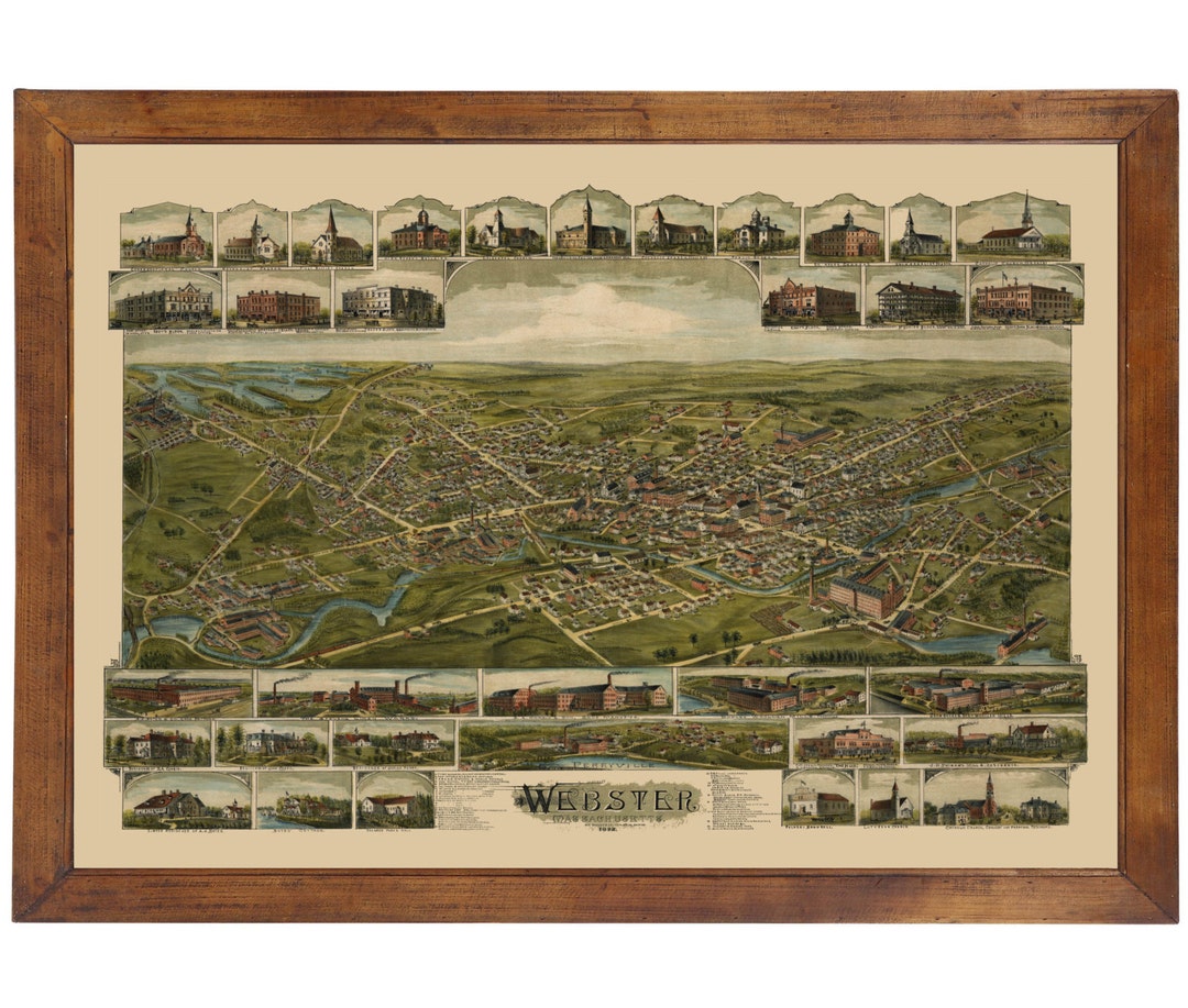 Webster, MA 1892 Bird's Eye View; 24x36 Print From a Vintage Lithograph ...