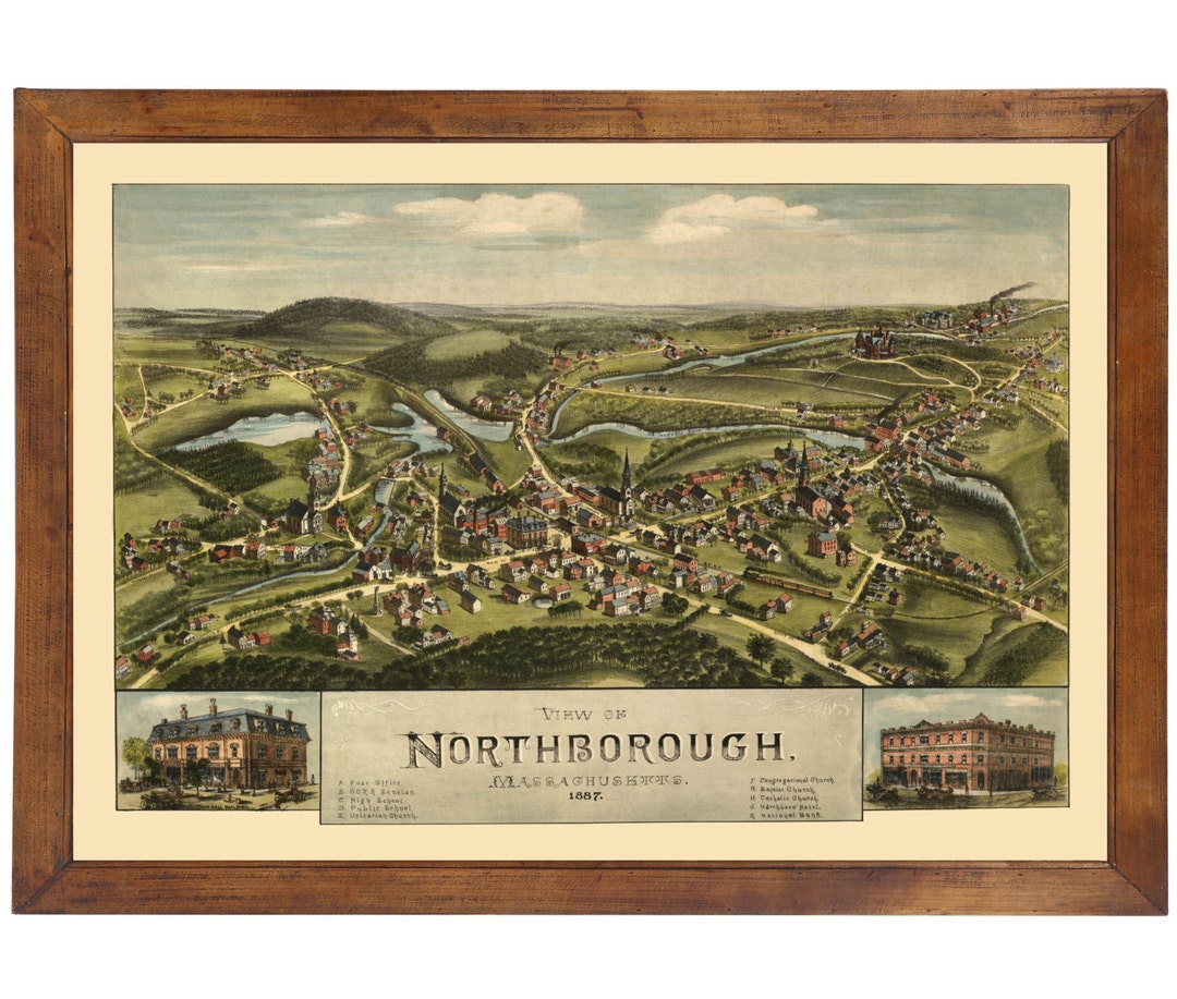 Northborough, MA 1887 Bird's Eye View; 24x36 Print From a Vintage ...