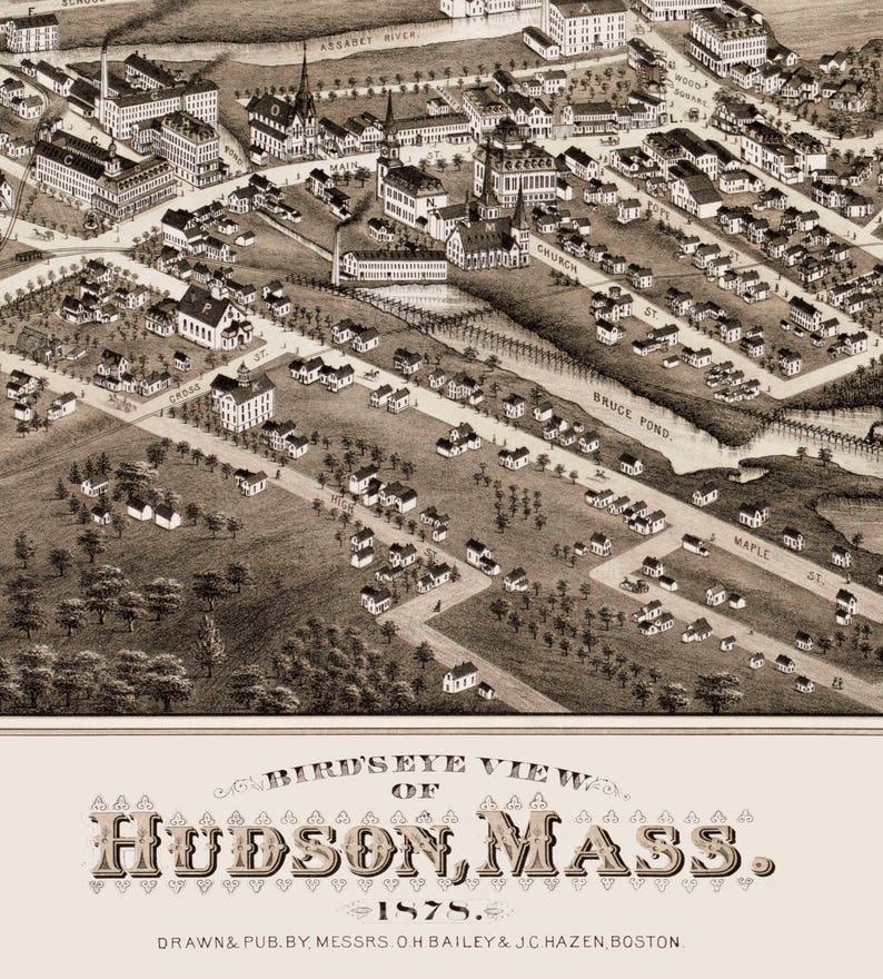 Hudson, MA 1878 Bird's Eye View 24x36 Print From a Vintage Lithograph ...