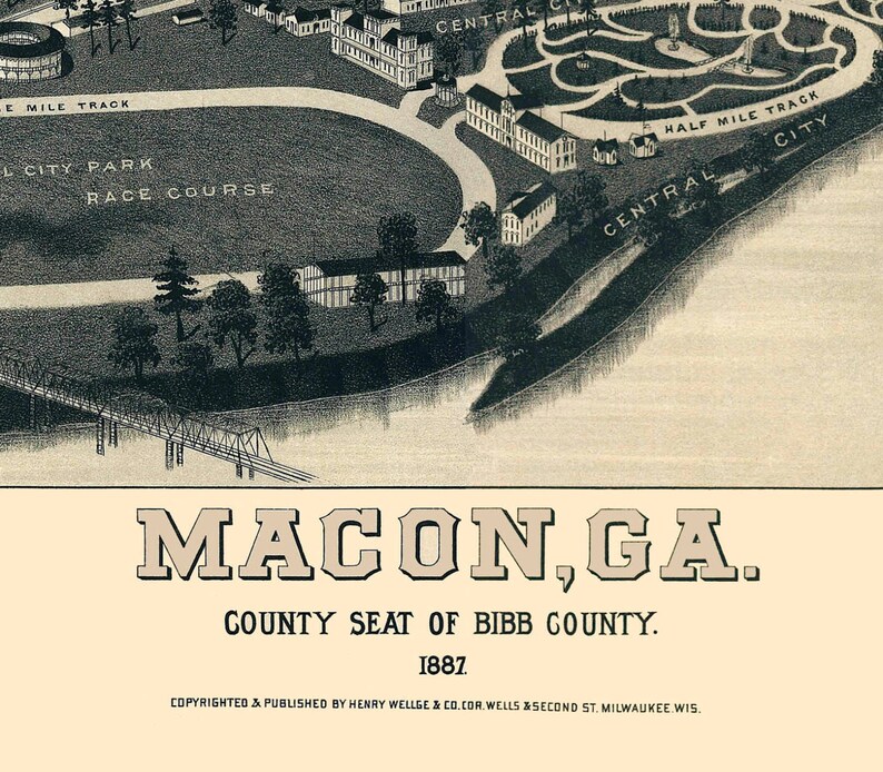 Macon, GA 1887 Bird's Eye View 24 X 36 Print From a Vintage Lithograph ...