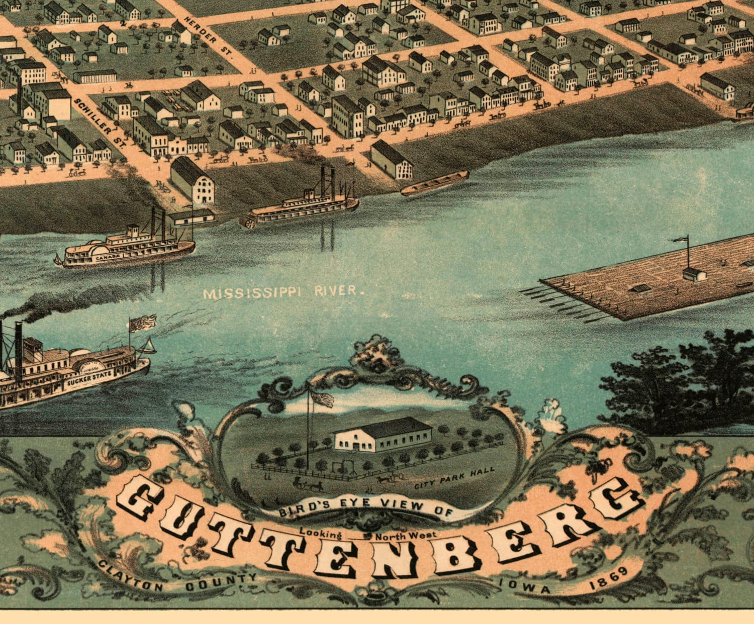 Guttenberg, IA 1869 Bird's Eye View; 24x36 Print From a Vintage ...