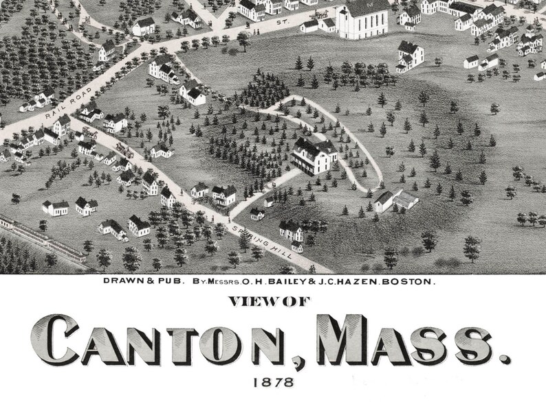 Canton, MA 1878 Bird's Eye View; 24x36 Print From a Vintage Lithograph ...