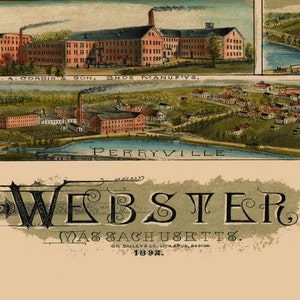 Webster, MA 1892 Bird's Eye View; 24x36 Print From a Vintage Lithograph ...
