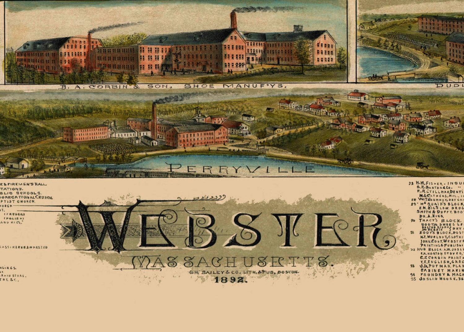 Webster, MA 1892 Bird's Eye View 24x36 Print From a Vintage Lithograph ...