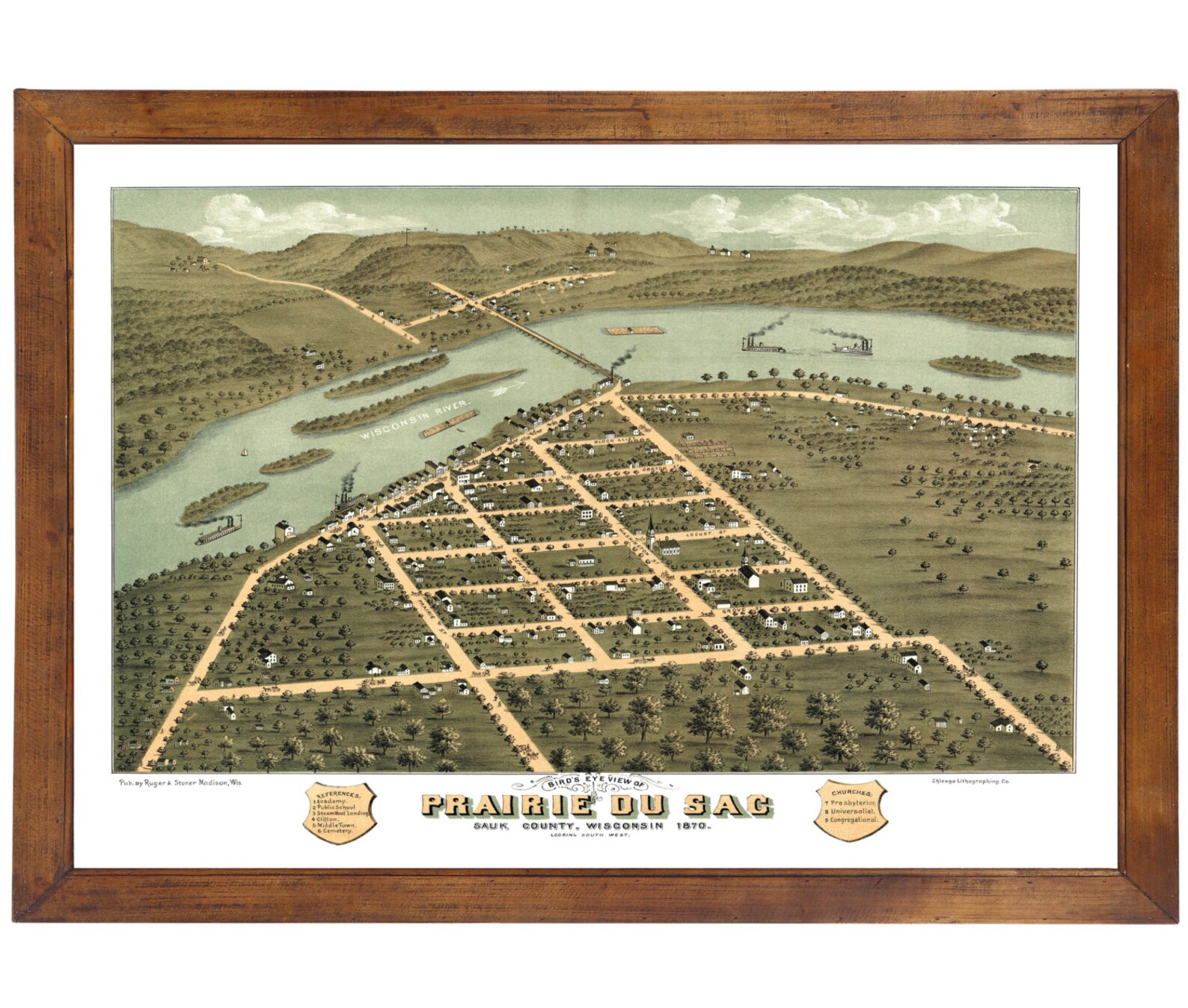 Prairie Du Sac, WI 1870 Bird's Eye View; 24x36 Print From a Vintage ...