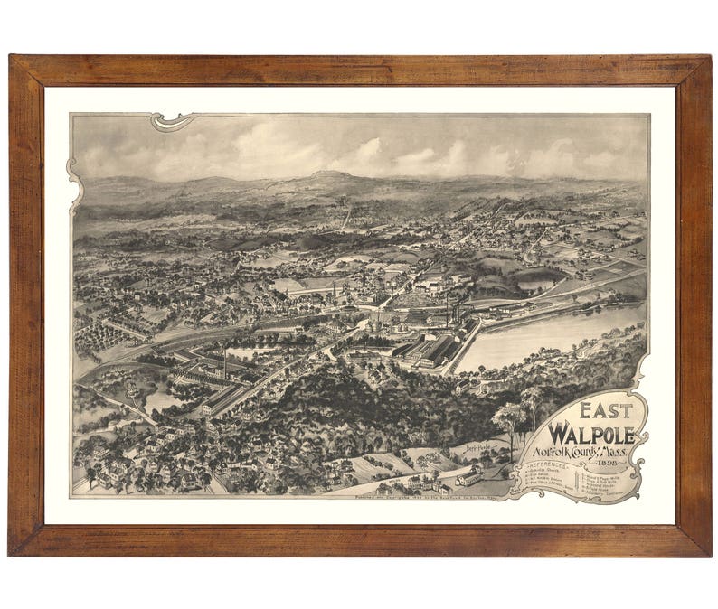 East Walpole MA 1898 Bird's Eye View 24x36 Print From a Vintage ...
