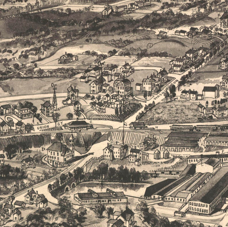 East Walpole MA 1898 Bird's Eye View 24x36 Print From a Vintage ...