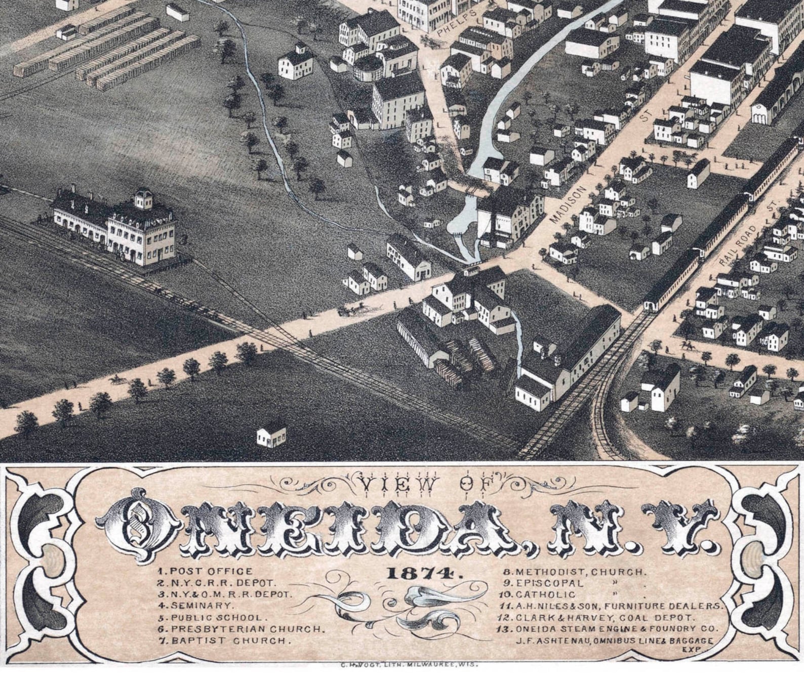 Oneida, NY 1874 Bird's Eye View; 24x36 Print From a Vintage Lithograph ...