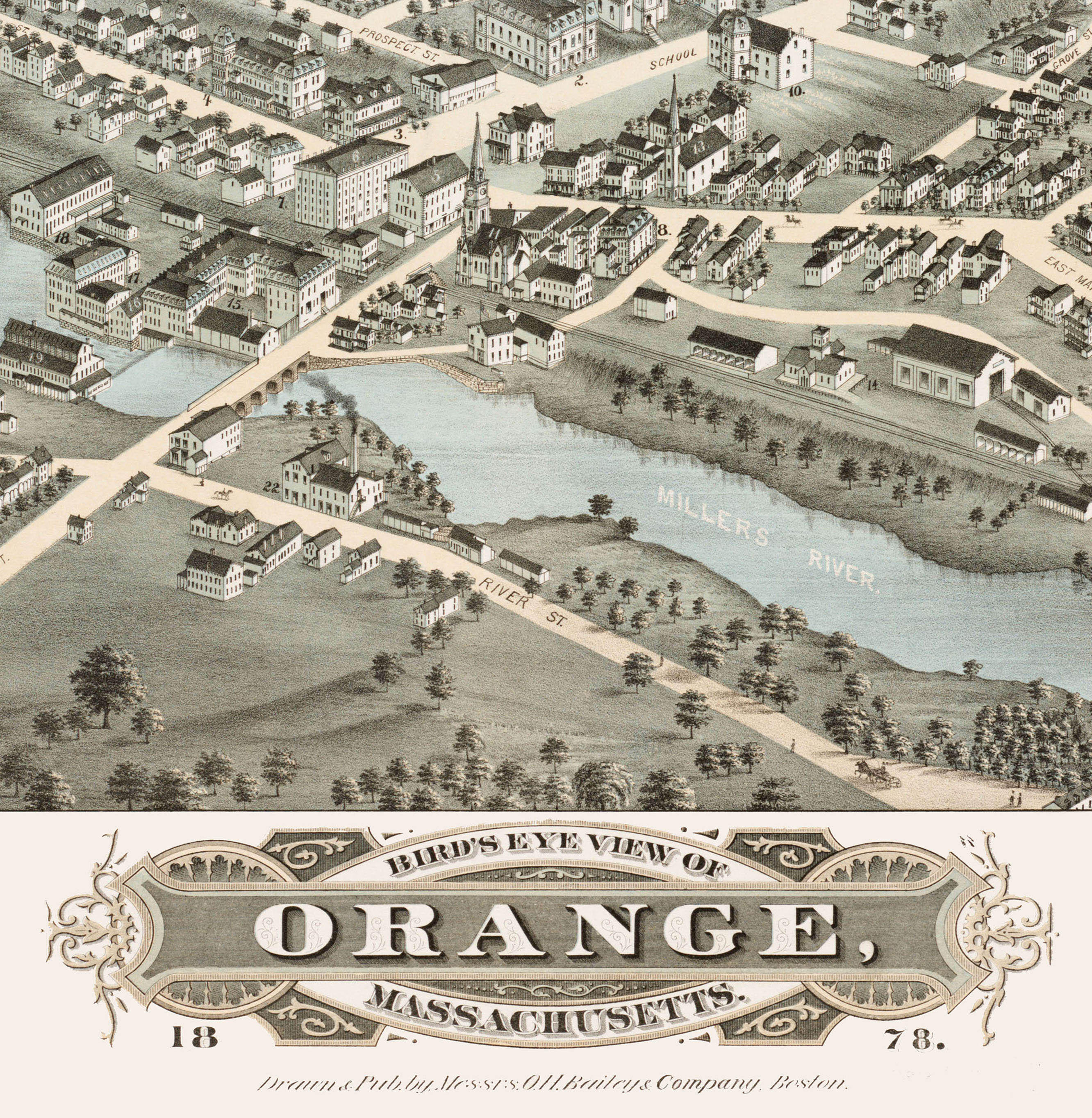 Orange, MA 1878 Bird's Eye View 24x36 Print From a Vintage Lithograph ...