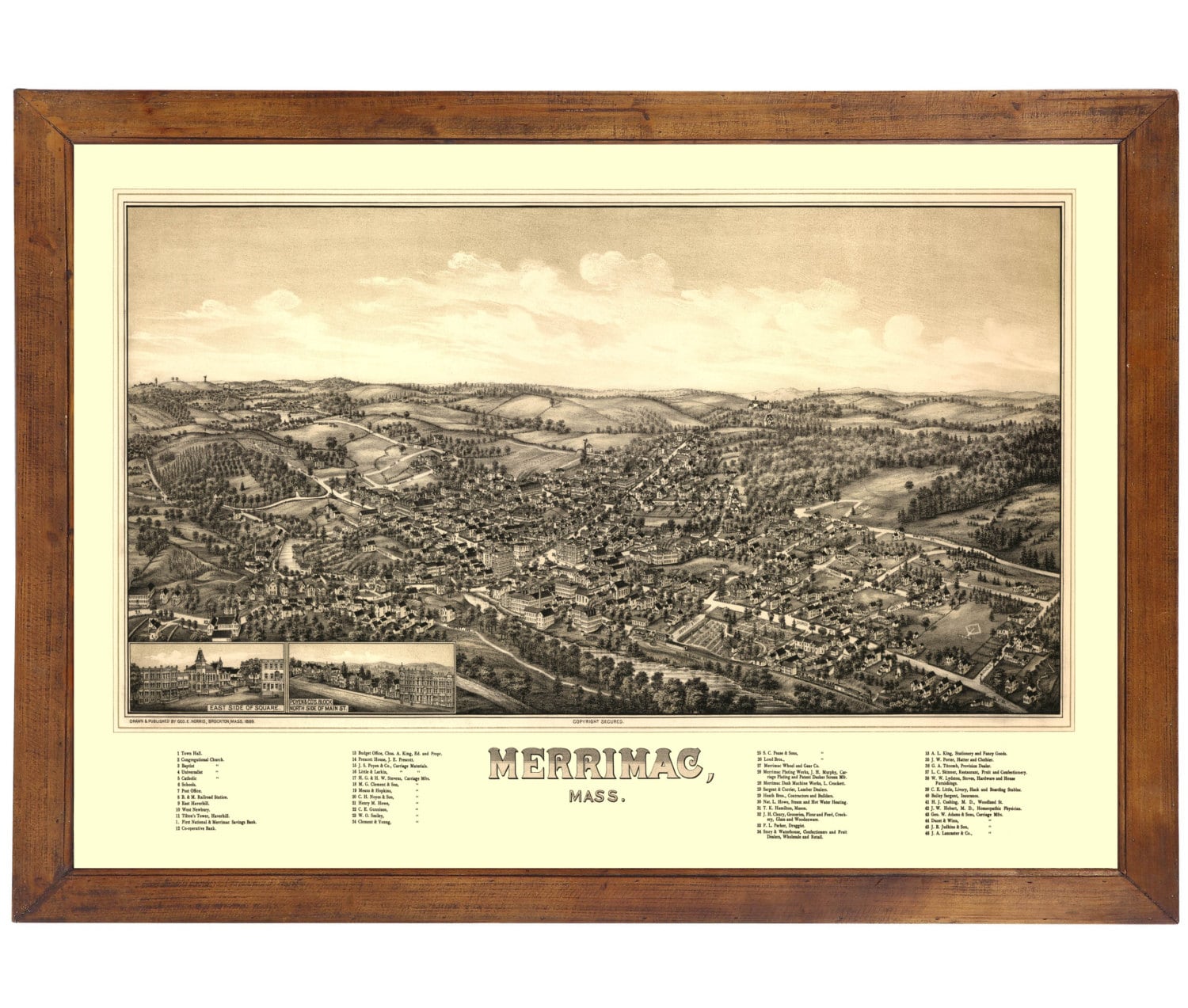 Merrimac, MA 1889 Bird's Eye View 24x36 Print from a Vintage Lithograph ...