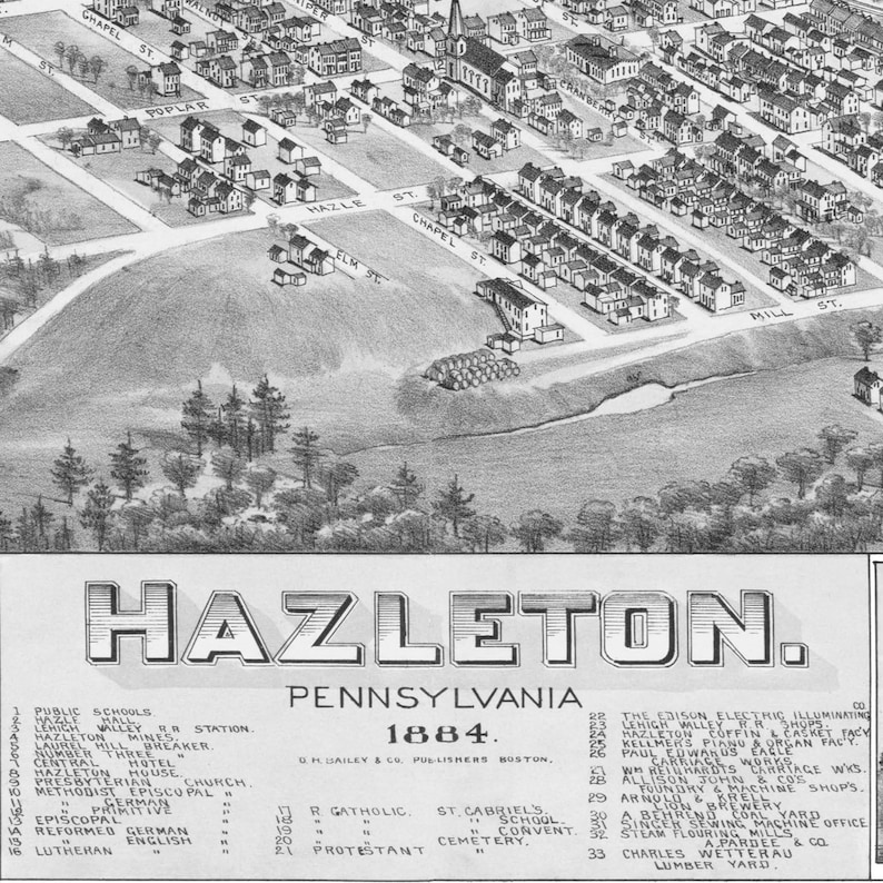 Hazleton, PA 1884 Bird's Eye View; 24x36 Print From a Vintage ...