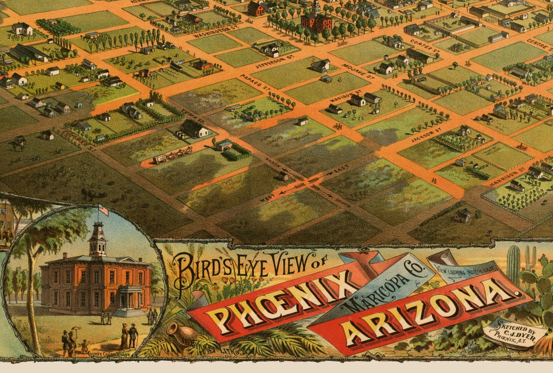 Phoenix, AZ 1885 Bird's Eye View; 24" X 36" Print From a Vintage ...