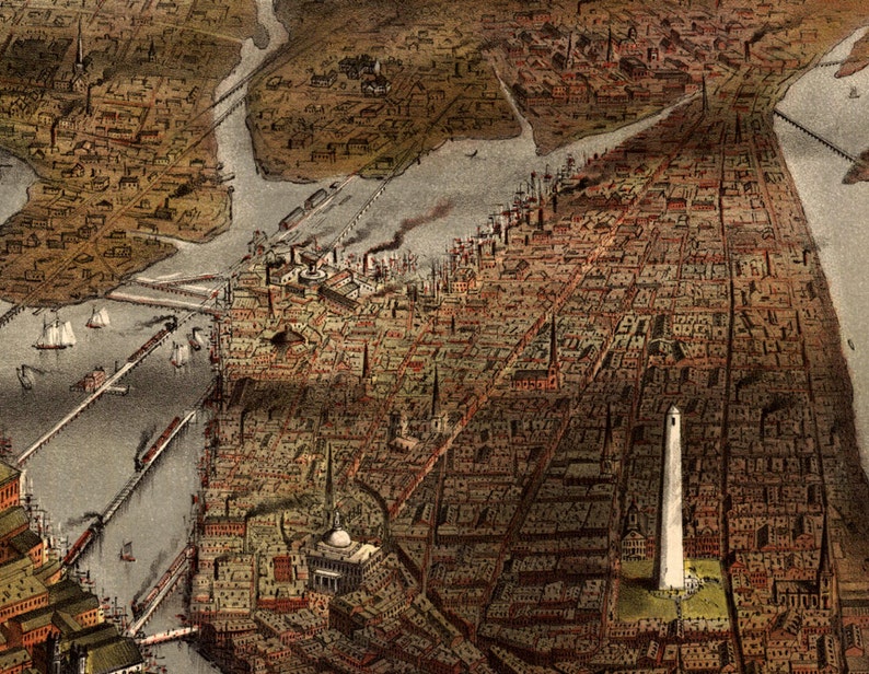 Boston, MA 1873 Bird's Eye View; 24x36 Print From a Vintage Lithograph ...