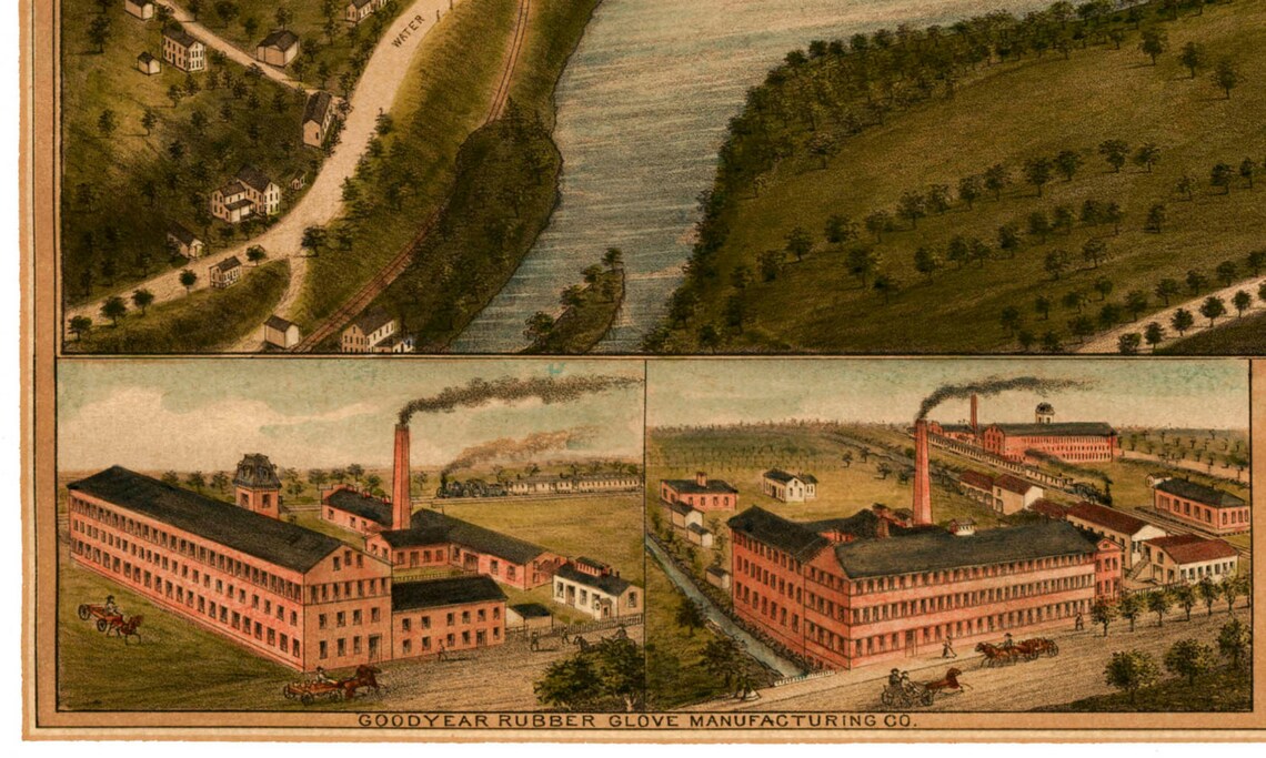 Naugatuck, CT 1877 Bird's Eye View 24x36 Print From a Vintage ...