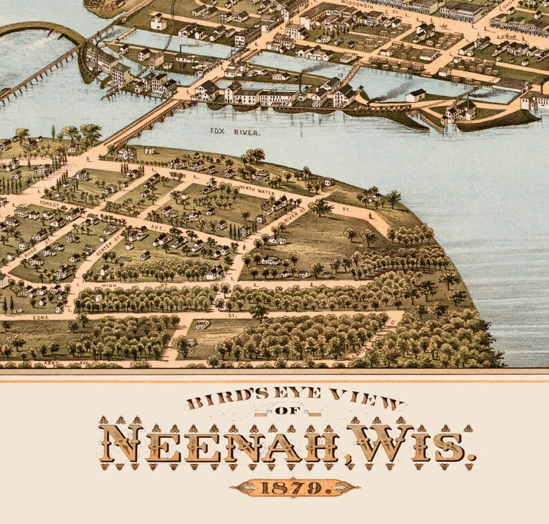 Neenah, WI 1879 Bird's Eye View; 24x36 Print From a Vintage Lithograph ...