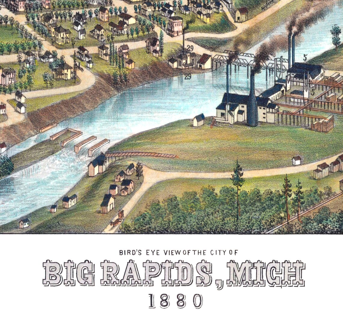 Big Rapids, MI 1880 Bird's Eye View; 24x36 Print From a Vintage ...