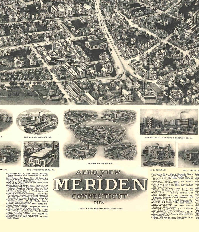Meriden, CT 1918 Bird's Eye View 24x36 Print From a Vintage Lithograph ...