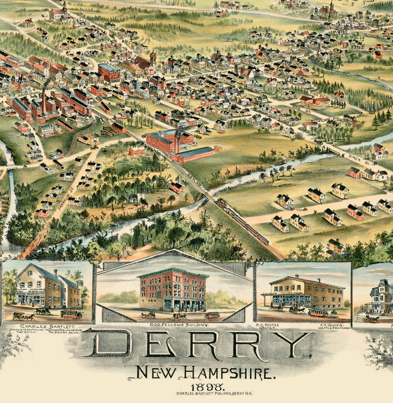Derry, NH 1898 Bird's Eye View 24x36 Print From a Vintage Lithograph - Etsy