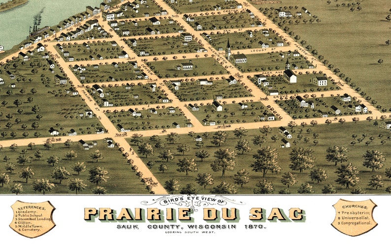 Prairie Du Sac, WI 1870 Bird's Eye View; 24x36 Print From a Vintage ...