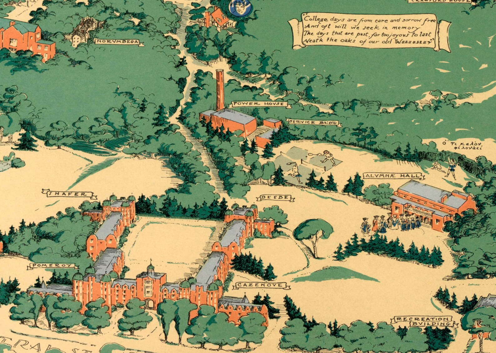 Wellesley College Pictorial Map ... Published in 1943; 24x36 Print on ...