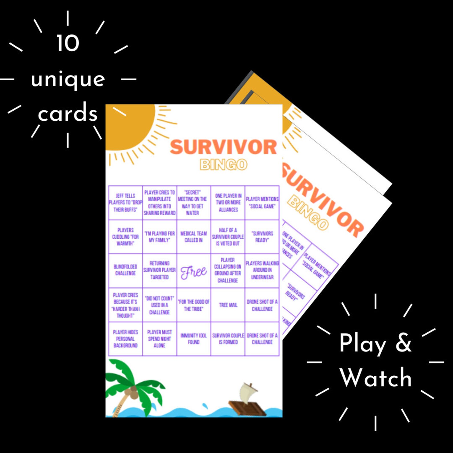 Survivor Bingo Cards, Play and Watch!, 10 Unique Cards to Play With ...