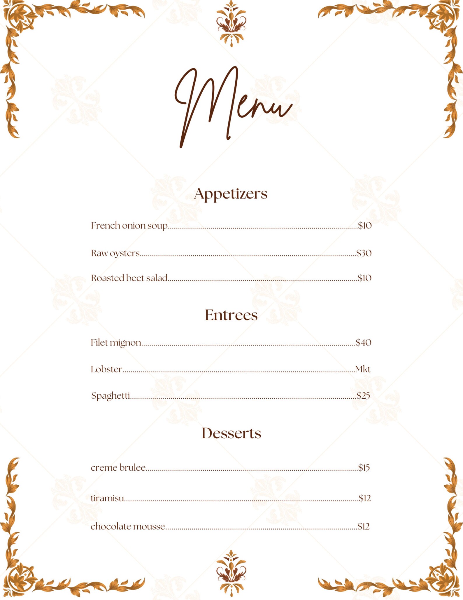 Baroque Menu Template for Weddings & Rehearsal Dinners Editable ...