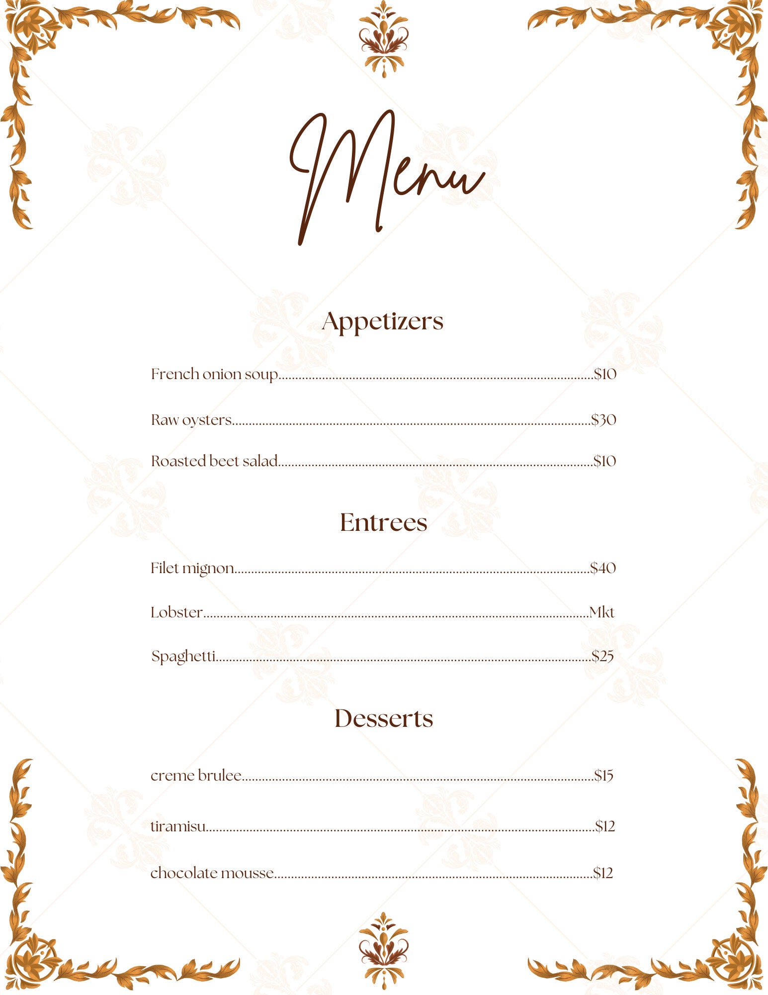 Baroque Menu Template for Weddings & Rehearsal Dinners Editable ...