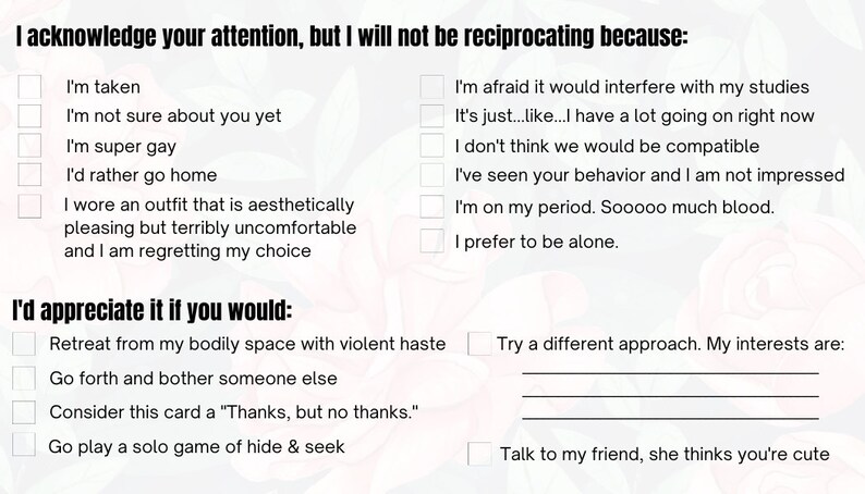 Funny Women's Date Rejection Business Cards, Humorous PDF Printable ...