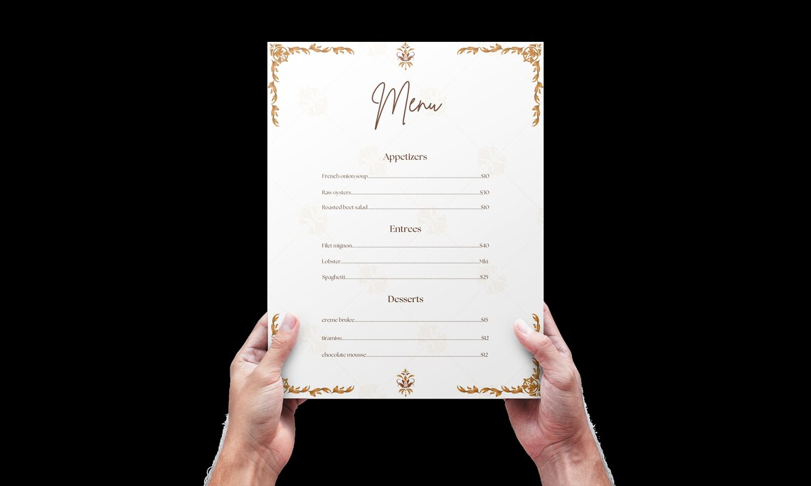Baroque Menu Template for Weddings & Rehearsal Dinners Editable ...