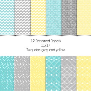 Digital Paper Designs in Yellow, Gray, and Turquoise - Set of 12 - Etsy