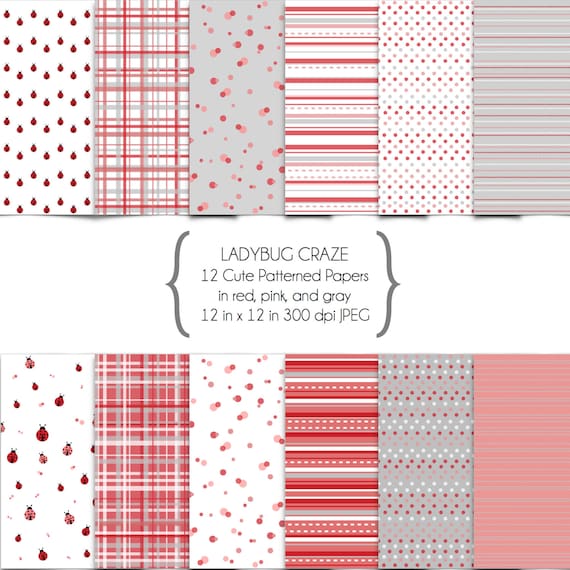 Ladybug Craze Digital Paper 12 Designs in Red Gray and White | Etsy