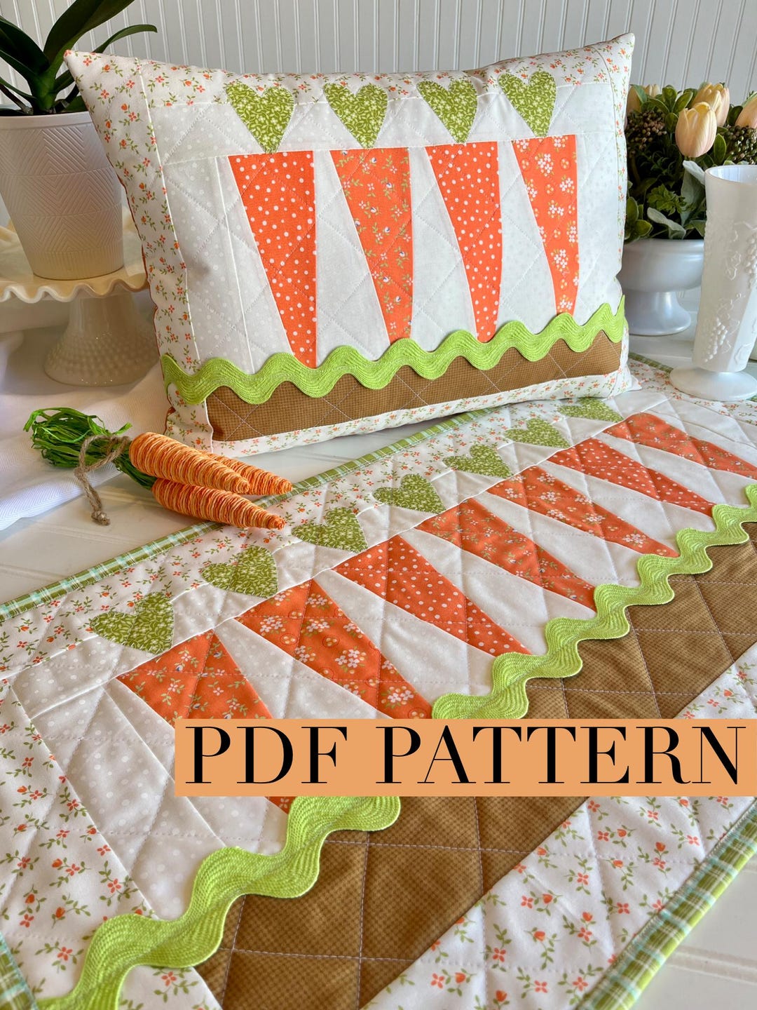 Spring Fabric Table Runner and Pillow Sewing Pattern, Carrot Patch ...