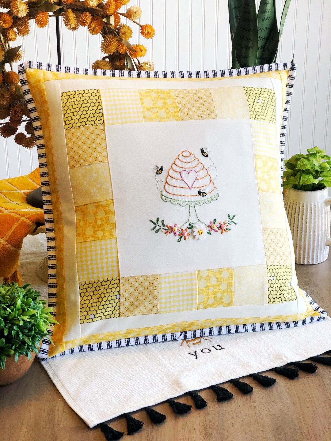 PDF Bee Pillow Pattern, Beehive Embroidered Pillow Cover Pattern ...