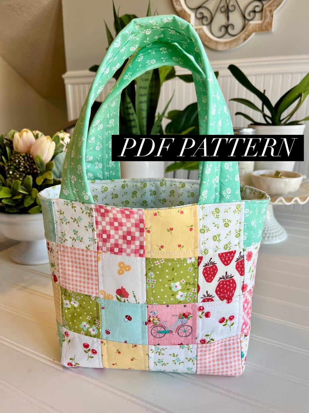PDF Book Bag Sewing Pattern, Scrappy Quilted Tote Carry All Bag Green ...