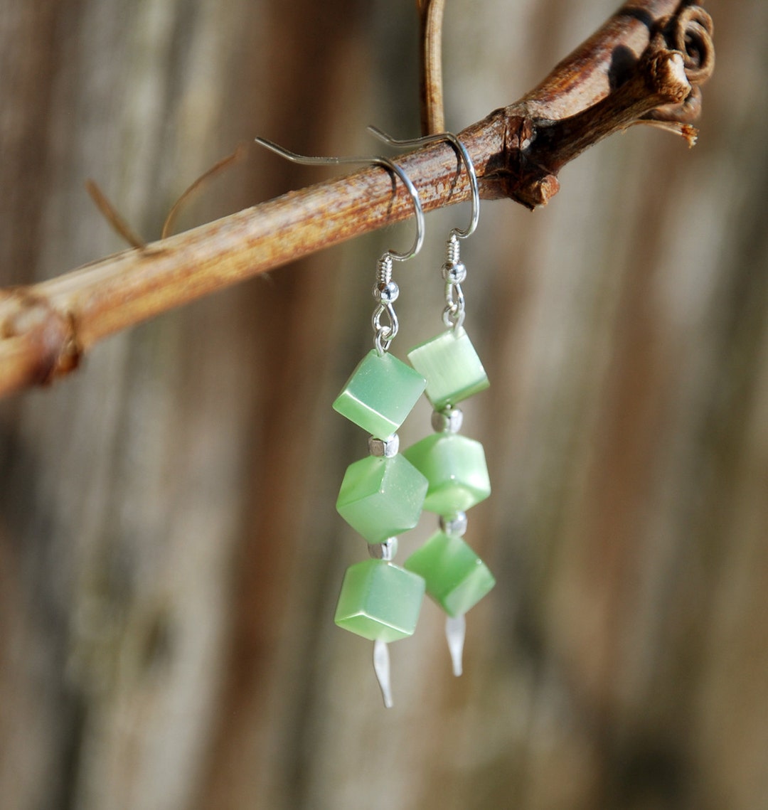 Handmade Celery Green Cats Eye Cube Earrings, Sterling Silver - Etsy