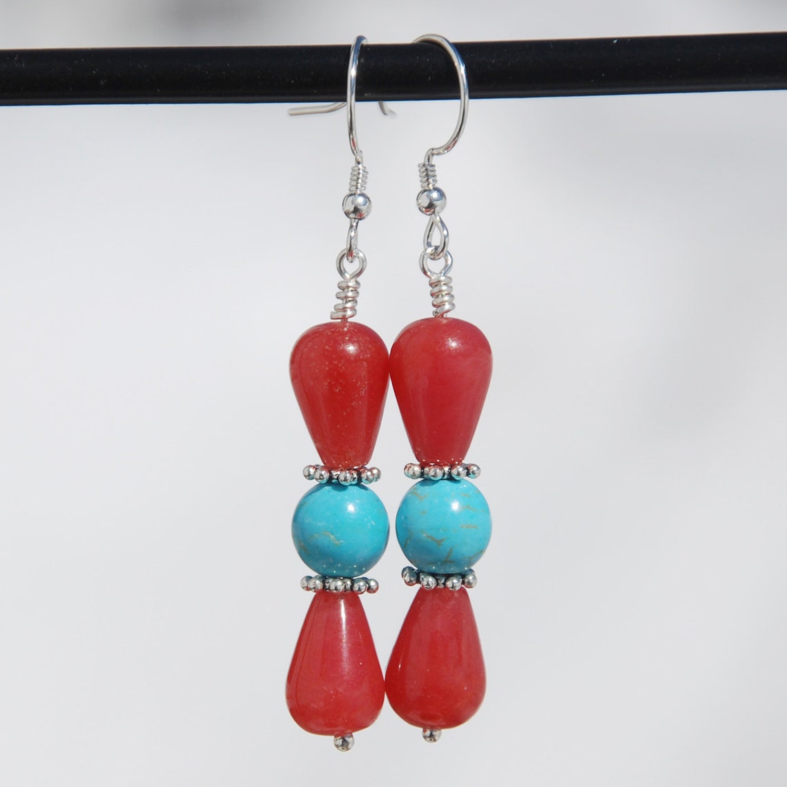 Handmade Turquoise Howlite and Red Jade Earrings Southwest - Etsy