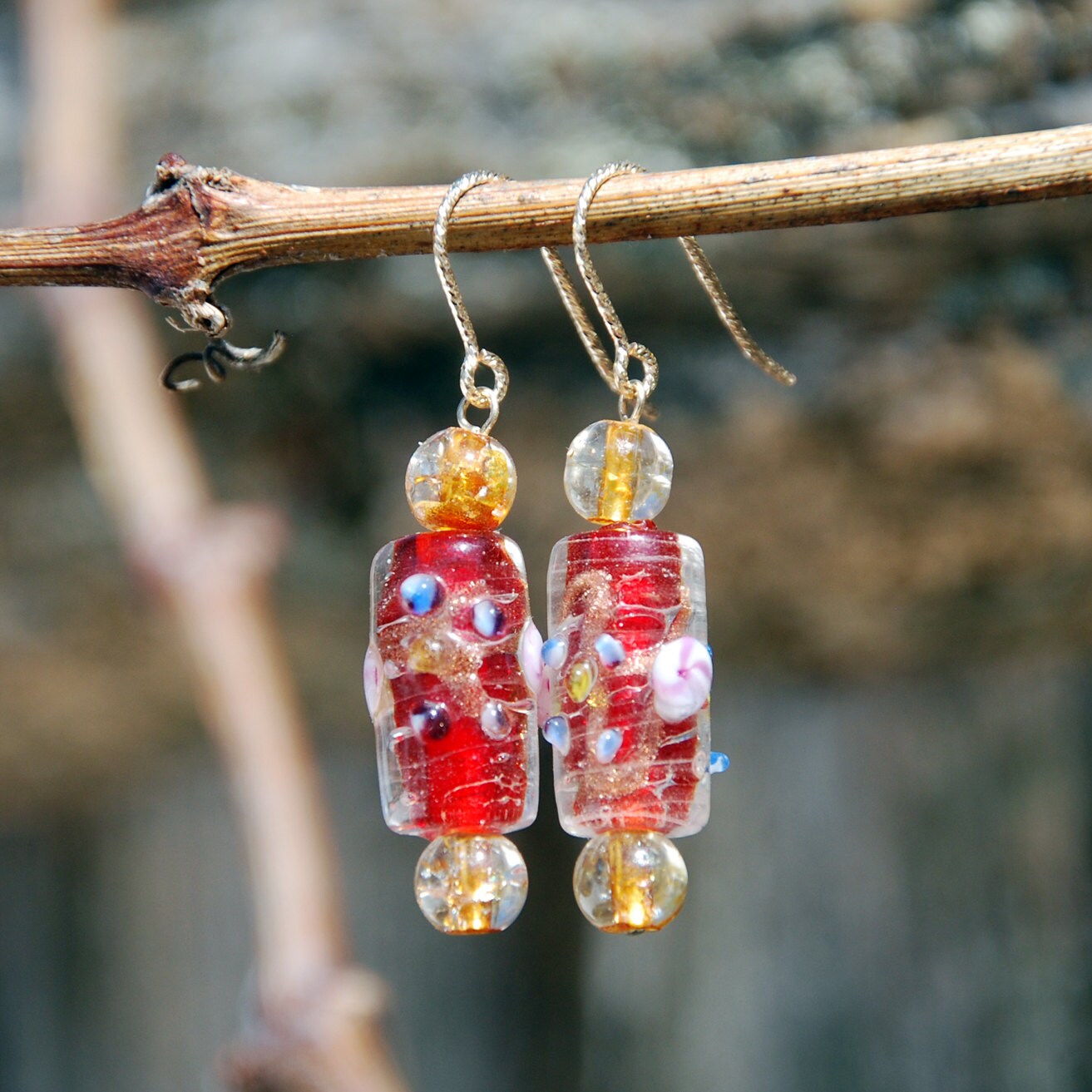 Handmade 14KT Gold Filled, Copper Foil, Red Core Foil Glass Earrings ...
