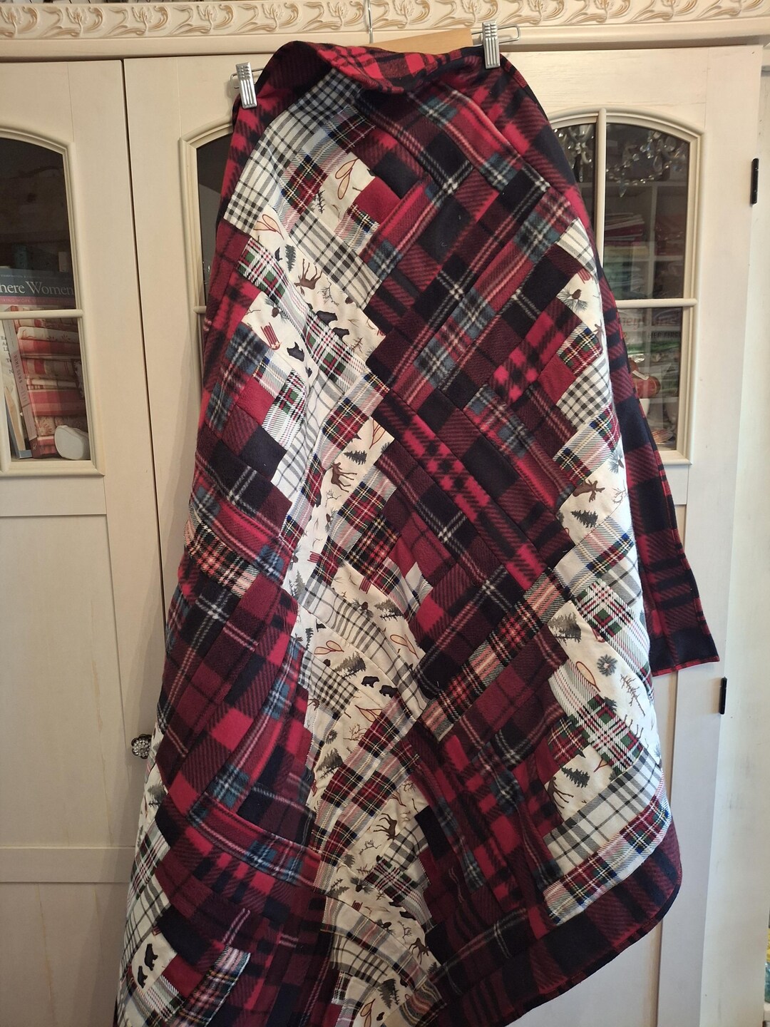 LOG CABIN QUILT, Plaid Flannel Fleece Lap Quilt, Handmade Winter Lap ...