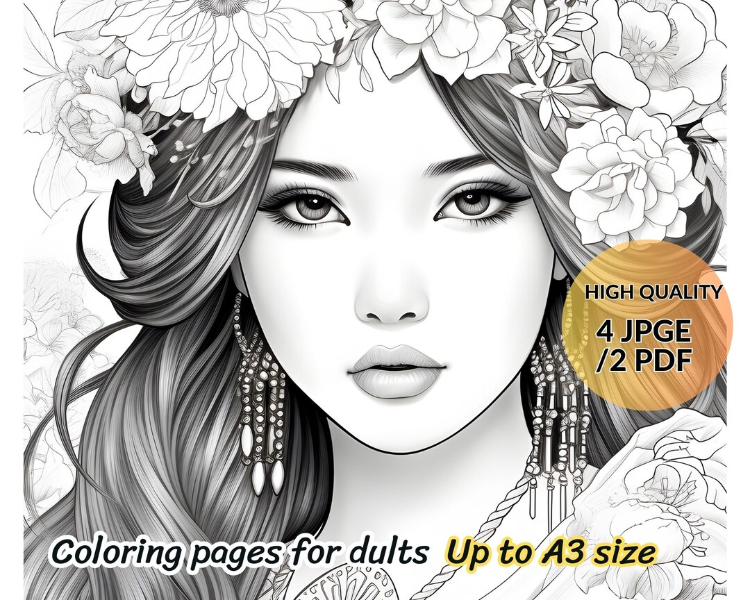 Beautiful Women Flower, Coloring Page for Adults, Grayscale Coloring ...