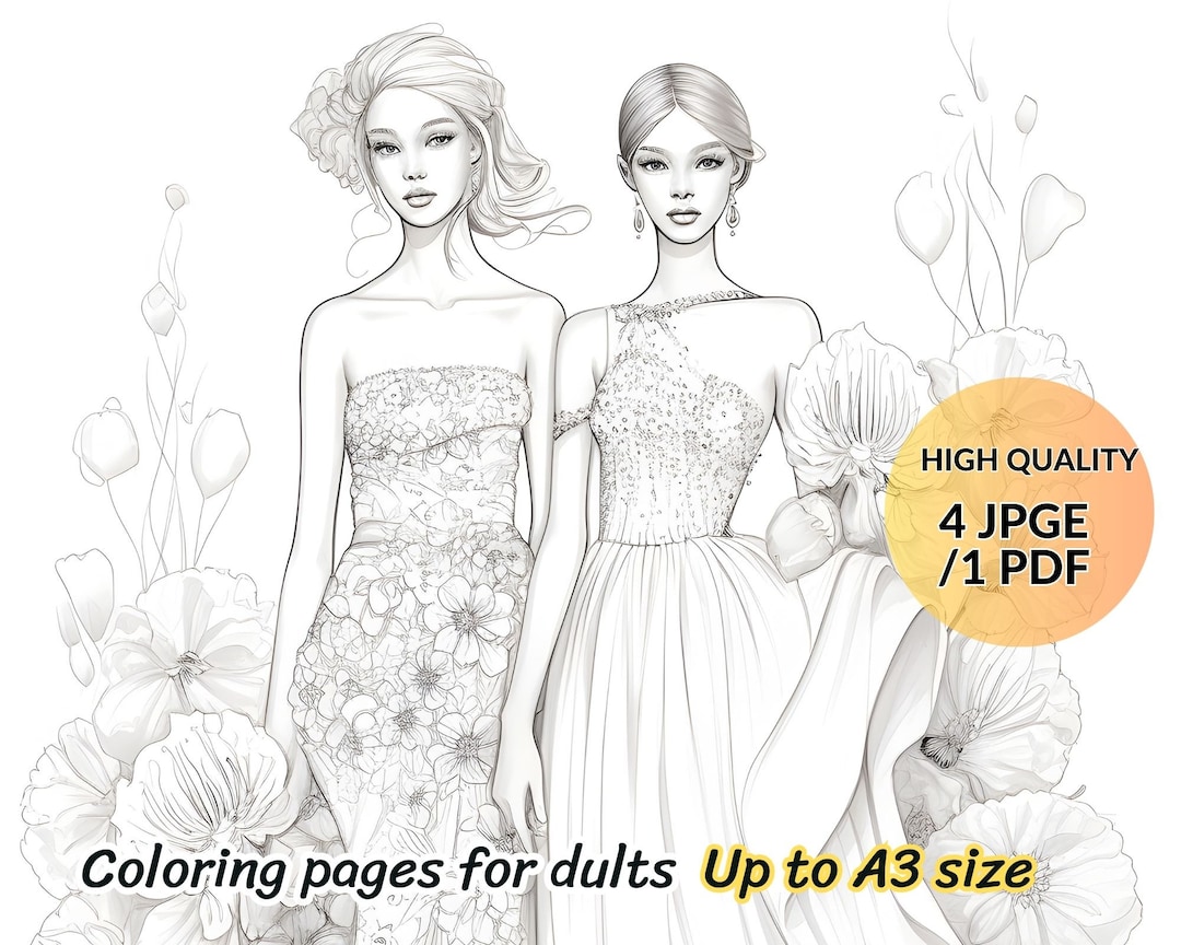 Prom Dresses, Coloring Page for Adults, Grayscale Coloring Page, Girl ...