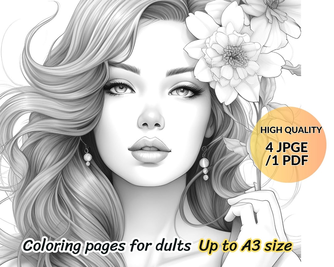 Beautiful Women, Coloring Page for Adults, Grayscale Coloring Page ...