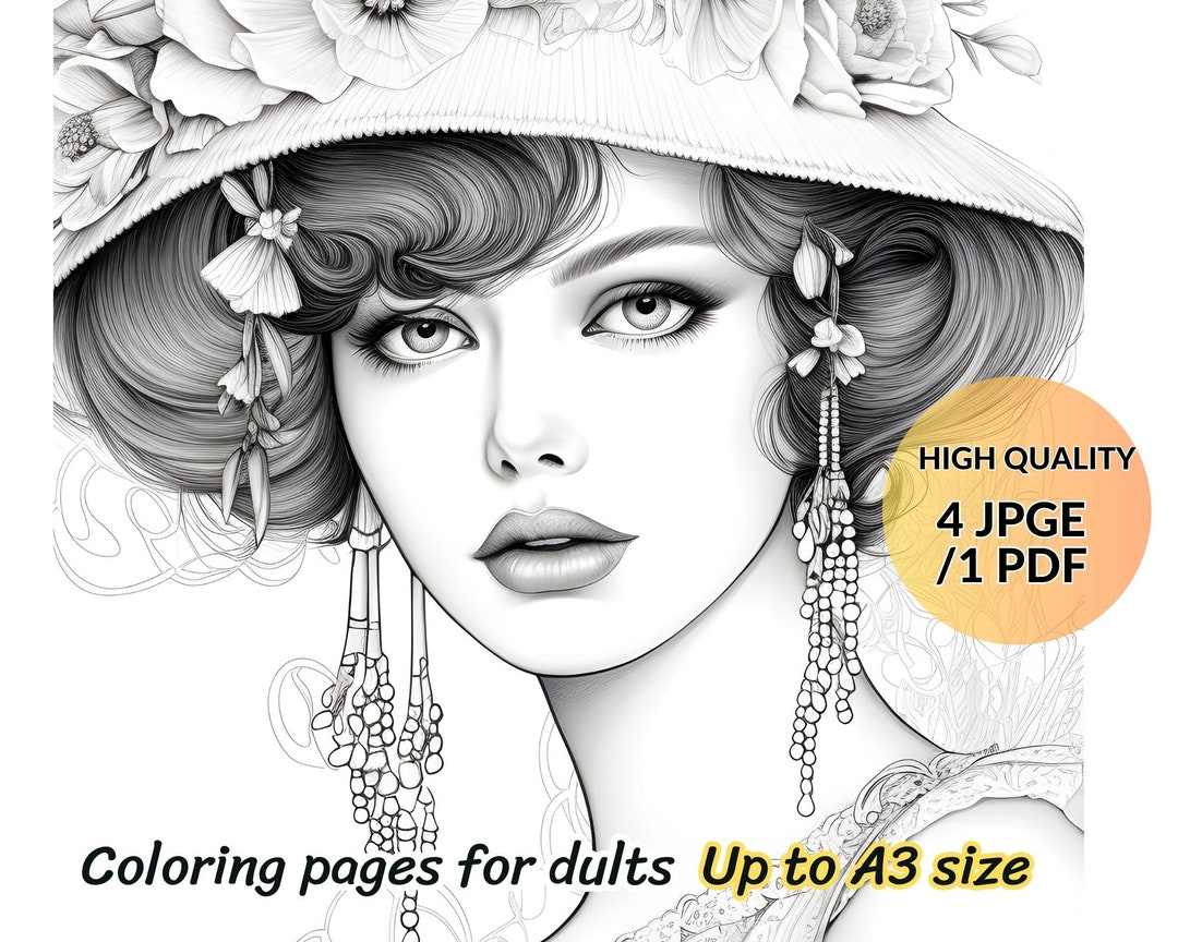 Vintage Women, Coloring Page for Adults, Grayscale Coloring Page, Girl ...