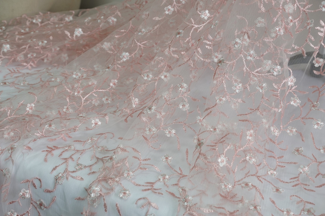 Floral Embroidery Tulle Fabric, Cute Flower Leafs Embroidered Tulle ...