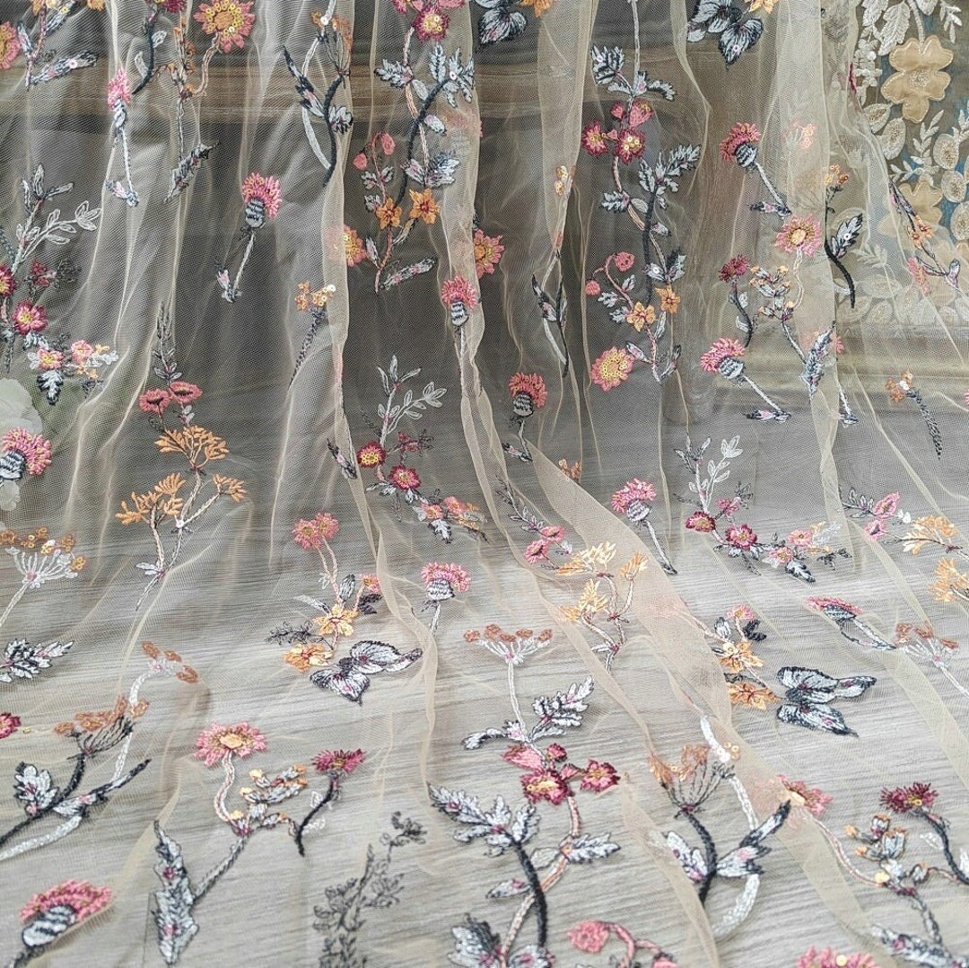 Colorful Flower Leaf Embroidery Tulle Fabric, Sequins Floral Tulle ...