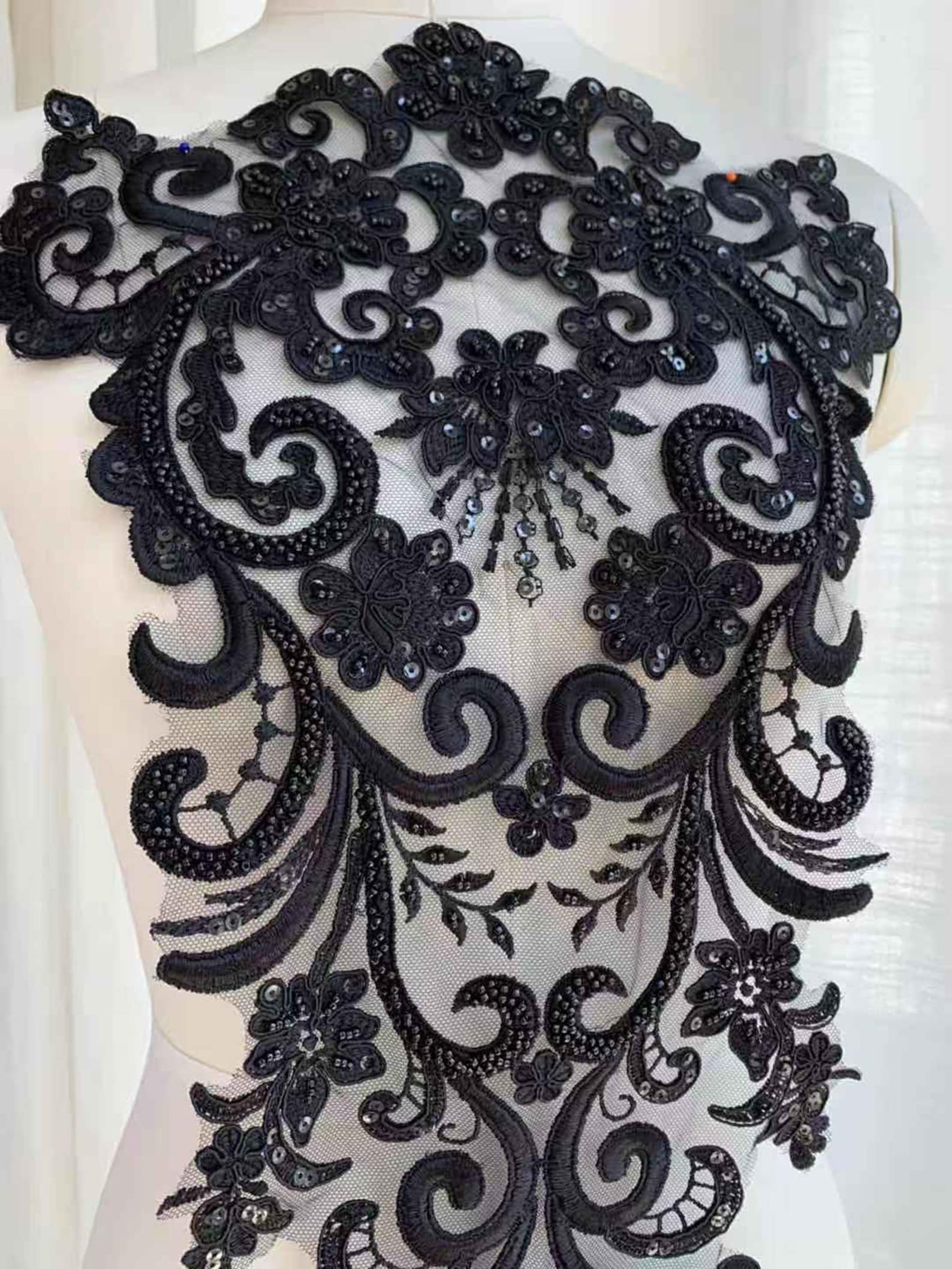Black Beaded Lace Applique Alencon Beaded Applique Heavy - Etsy