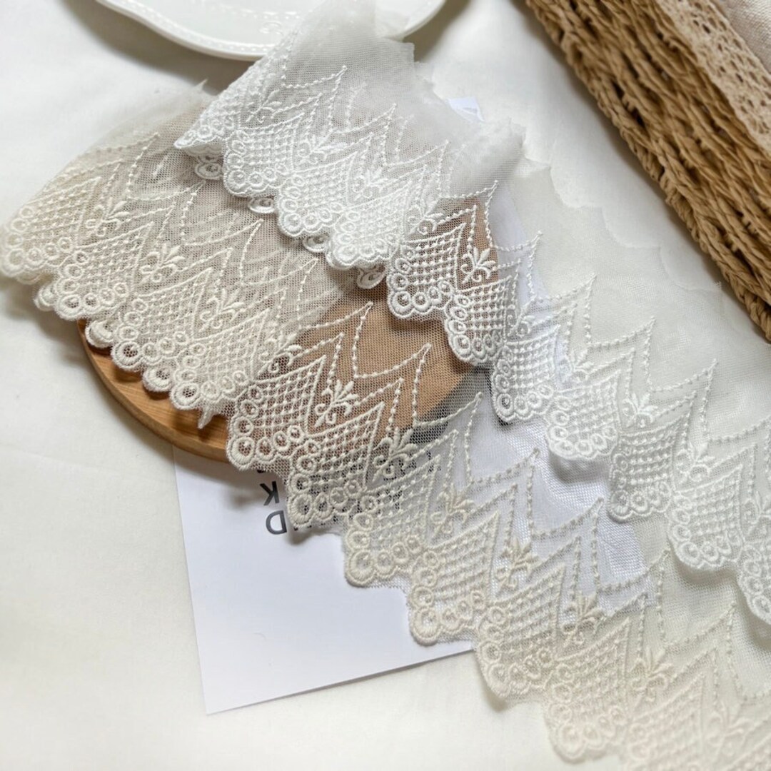 Lovely Floral Embroidered Tulle Trim, Unique Geometric Scalloped Lace ...