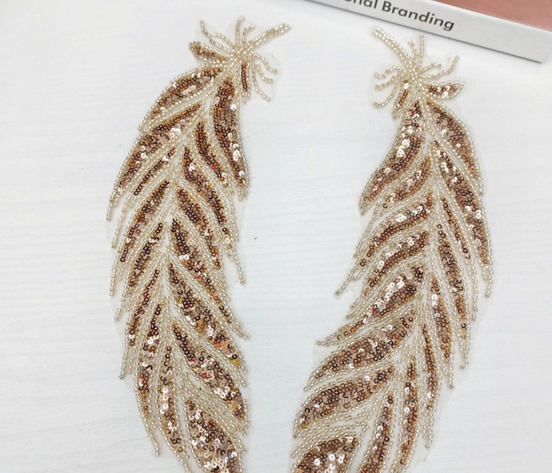 1 Pair, Beaded Lace Applique, Feather Sequins on Mesh, Gold Silver ...